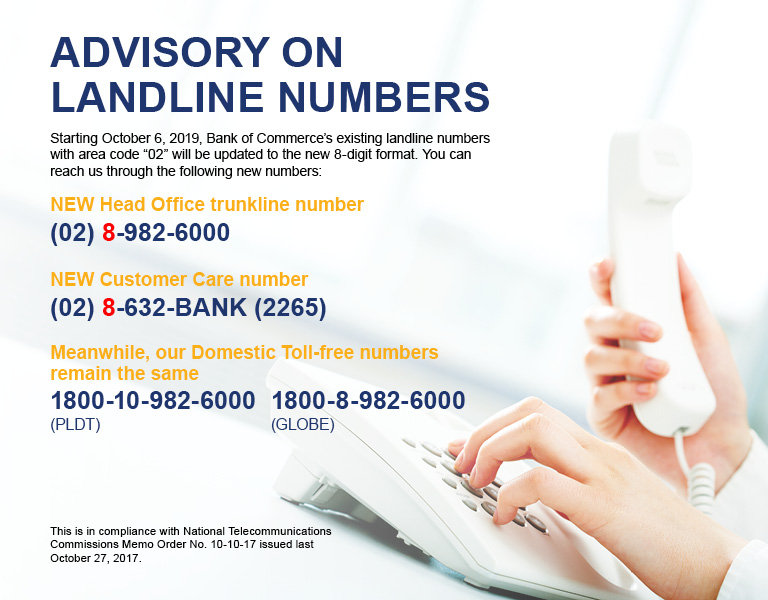 Advisory On New Landline Numbers Bank Of Commerce