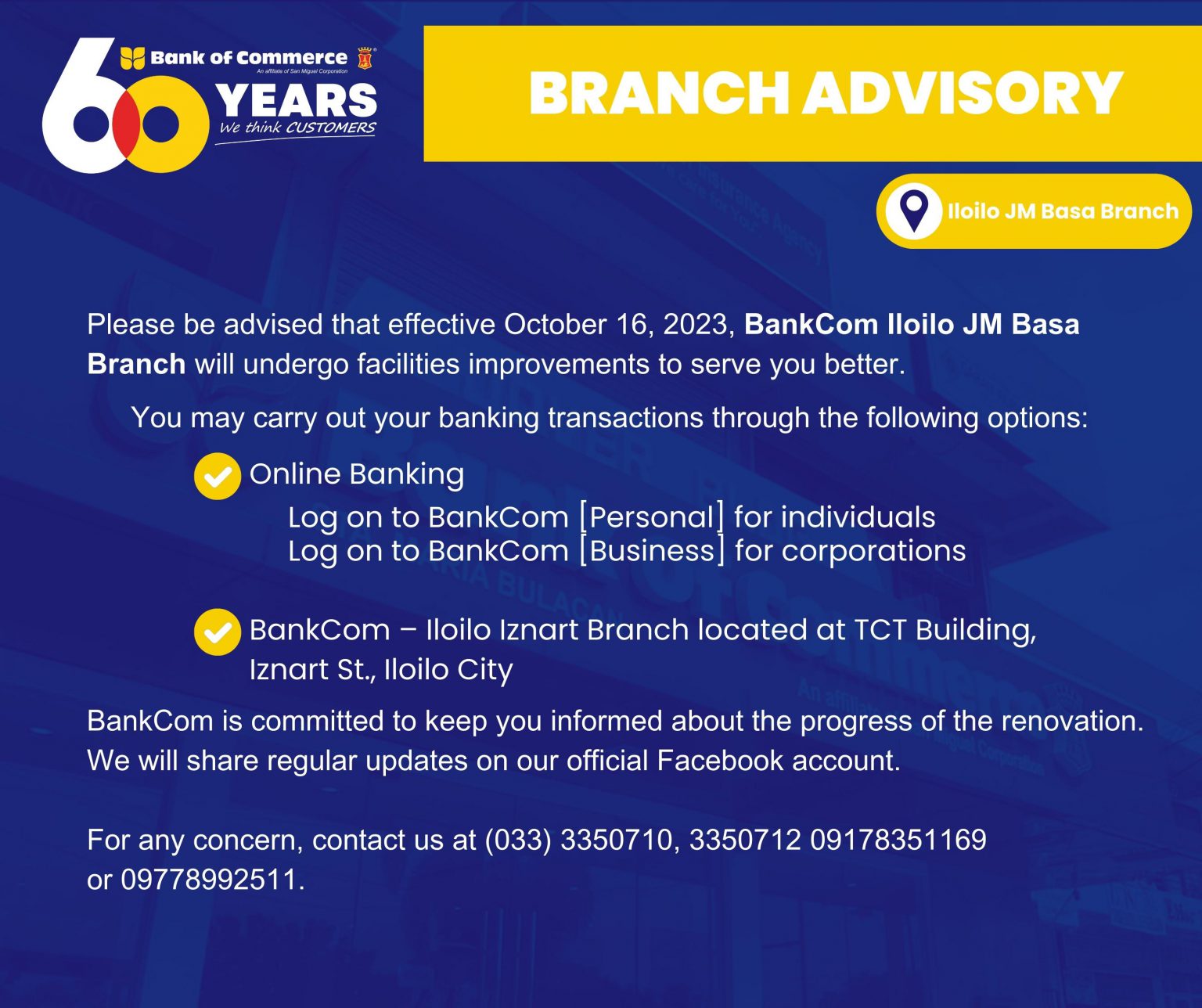 TEMPORARY BRANCH CLOSURE – Iloilo J.M Basa branch - Bank of Commerce